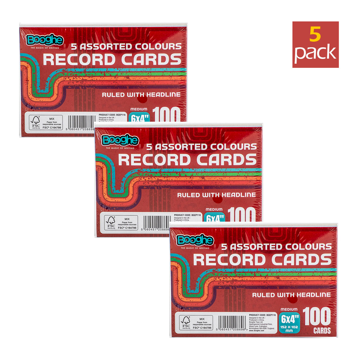 100 A6 Record Cards Ruled with Headline Assorted Colours (5 Pack) — Booghe
