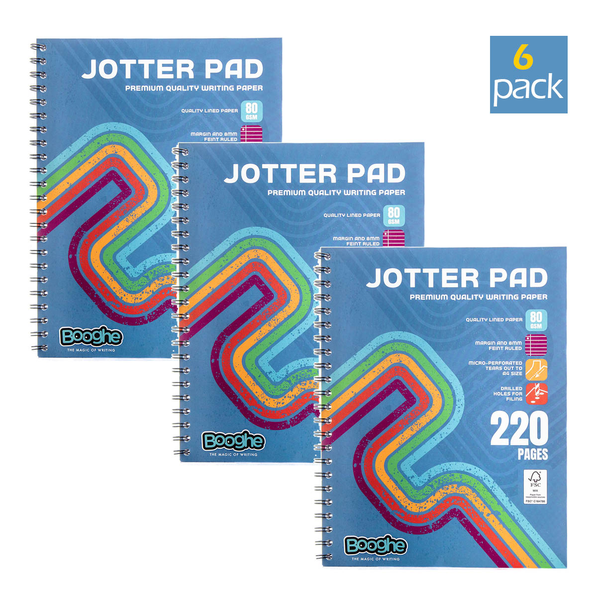 Booghe A4 Lined Jotter Pad 220 Pages (6 Pack)
