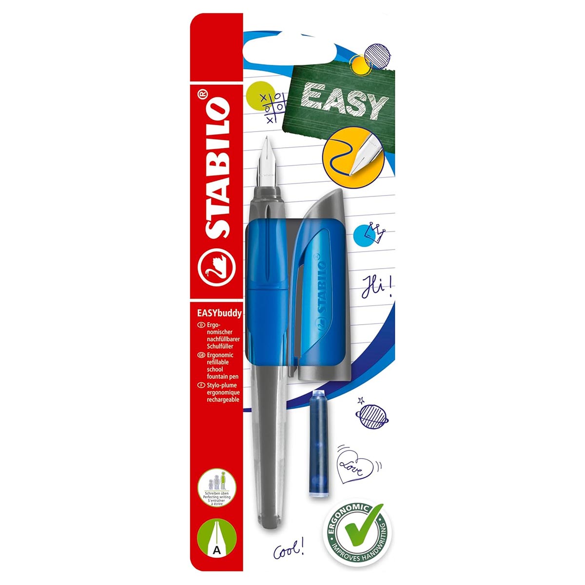 STABILO EASYbuddy Ergonomic Refillable School Fountain Pen 'A' Nib Blu ...