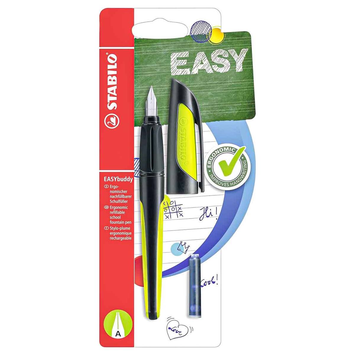 STABILO EASYbuddy Ergonomic Refillable School Fountain Pen 'A' Nib Bla ...